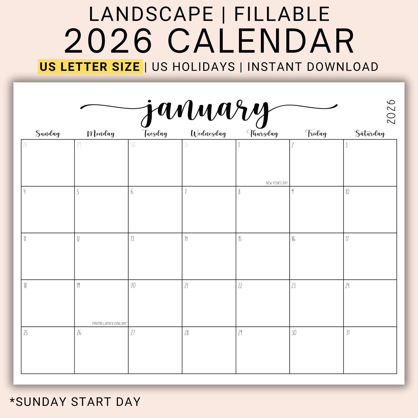 2026 Editable Calendar PDF | Fillable Monthly Planner Pages | Landscape ...