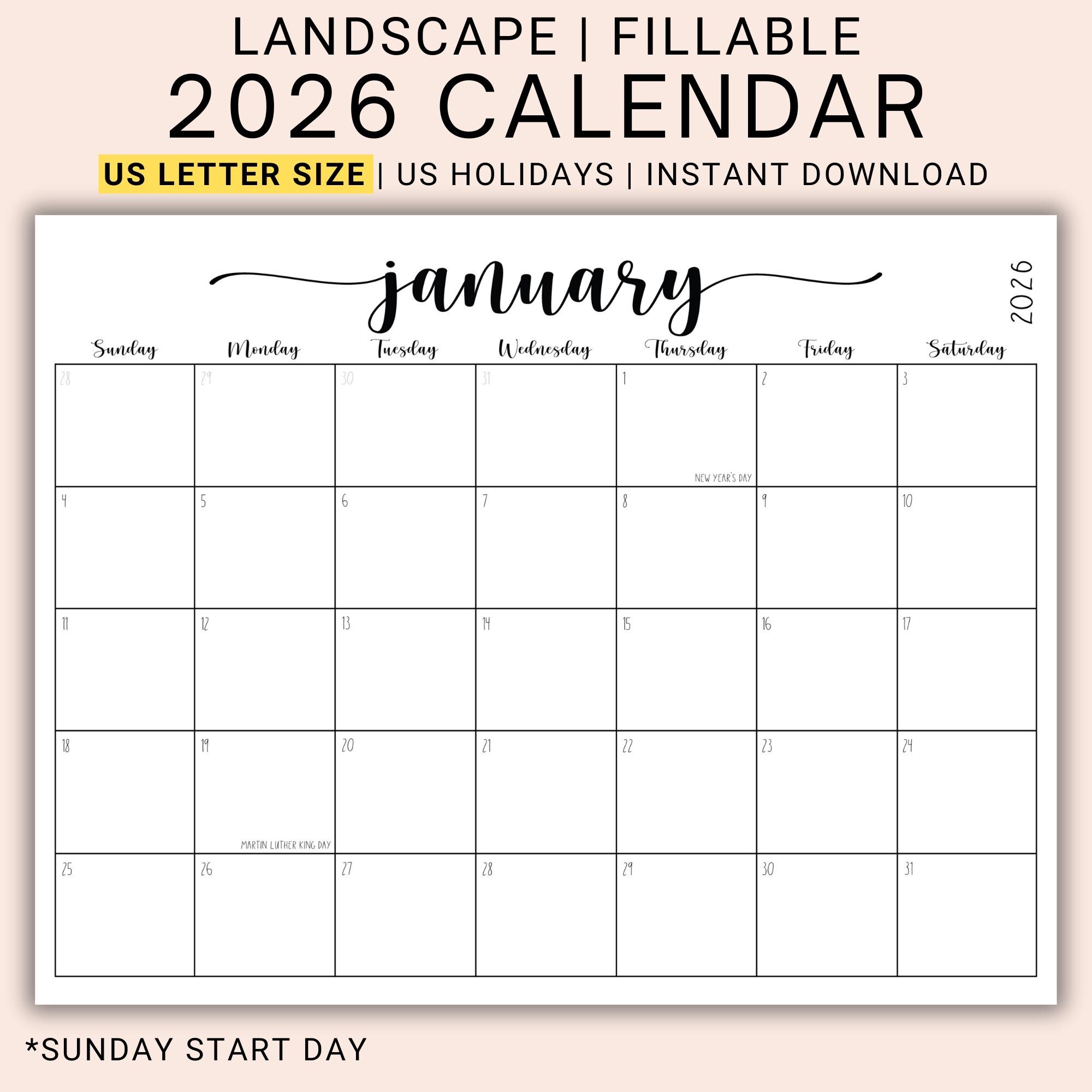 2026 Editable Calendar PDF | Fillable Monthly Planner Pages | Landscape ...