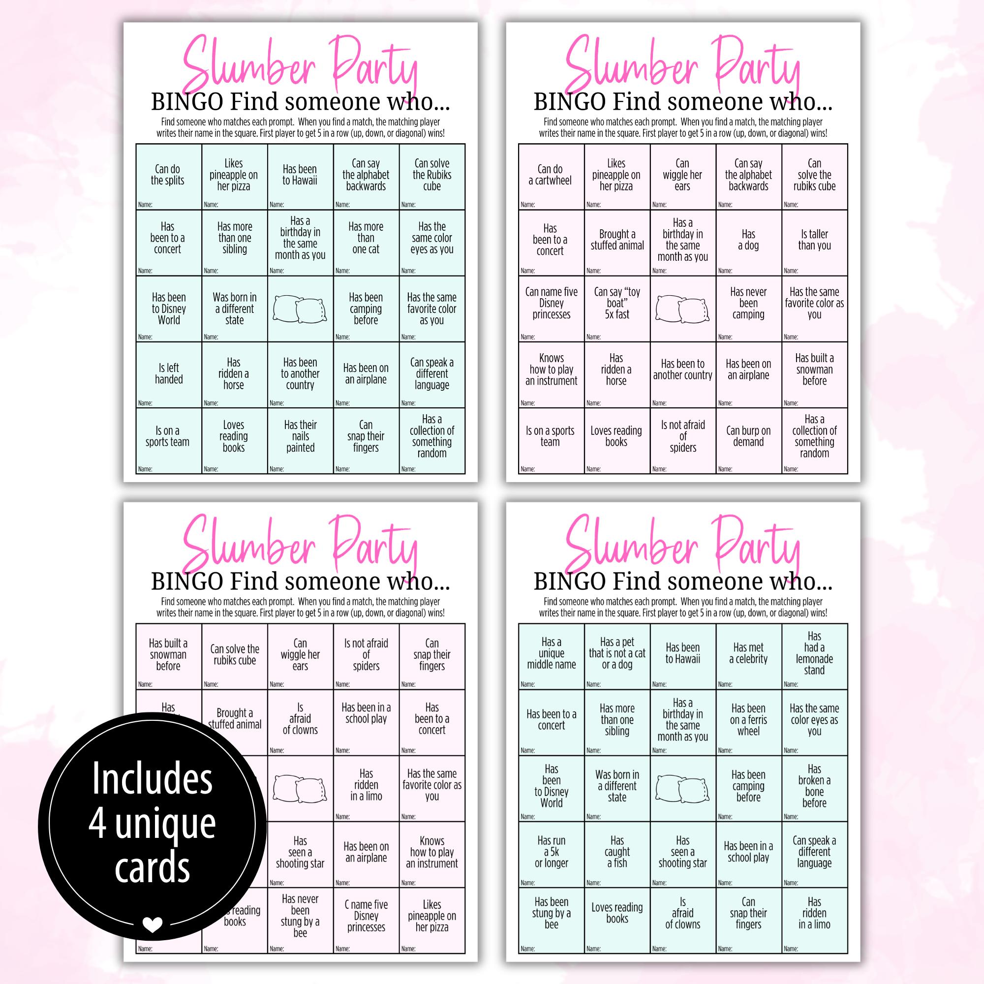 Fun Printable Editable Slumber Party Find Someone Who Bingo | Girl Teen ...