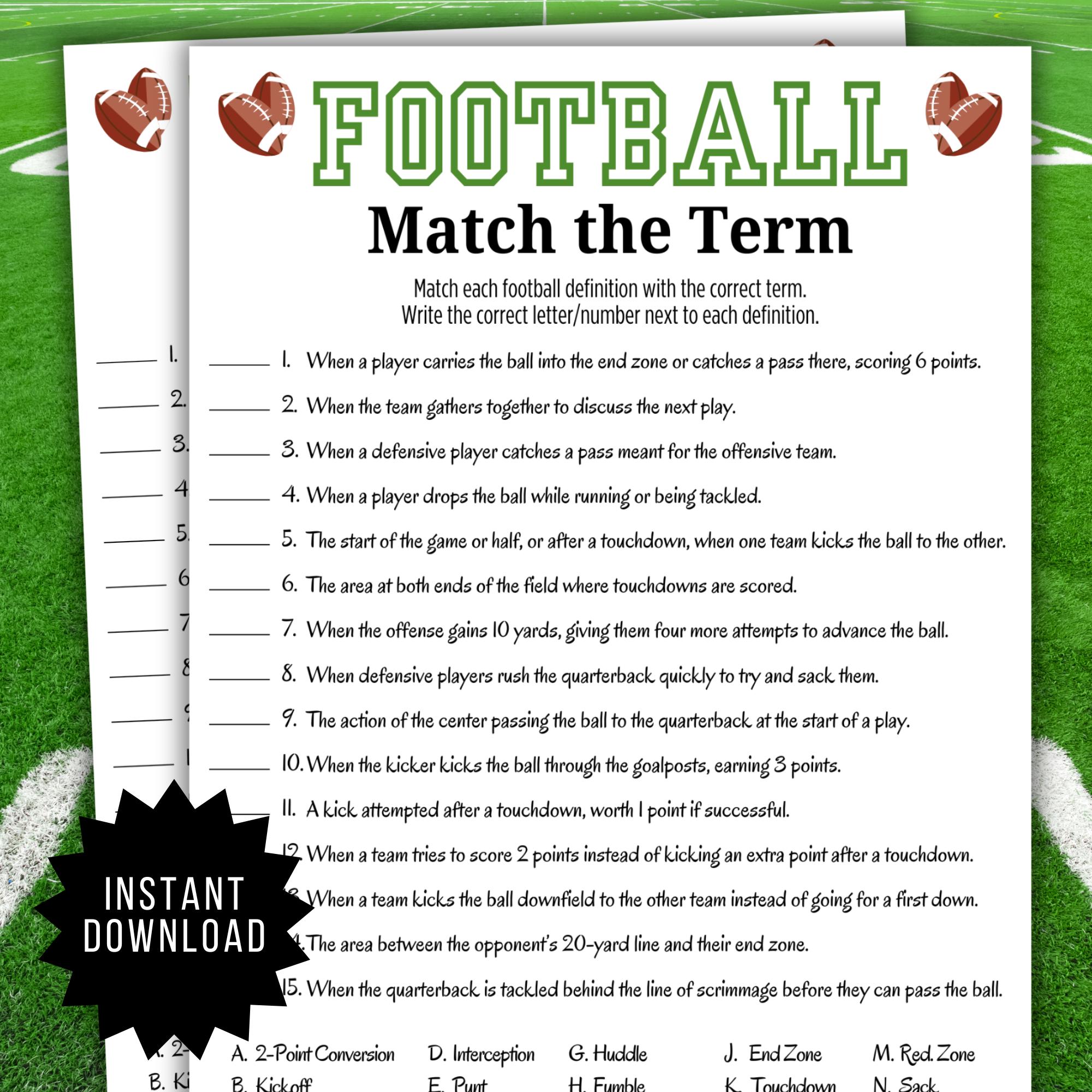 Printable Football Match the Term Game Football Party Activity Football ...