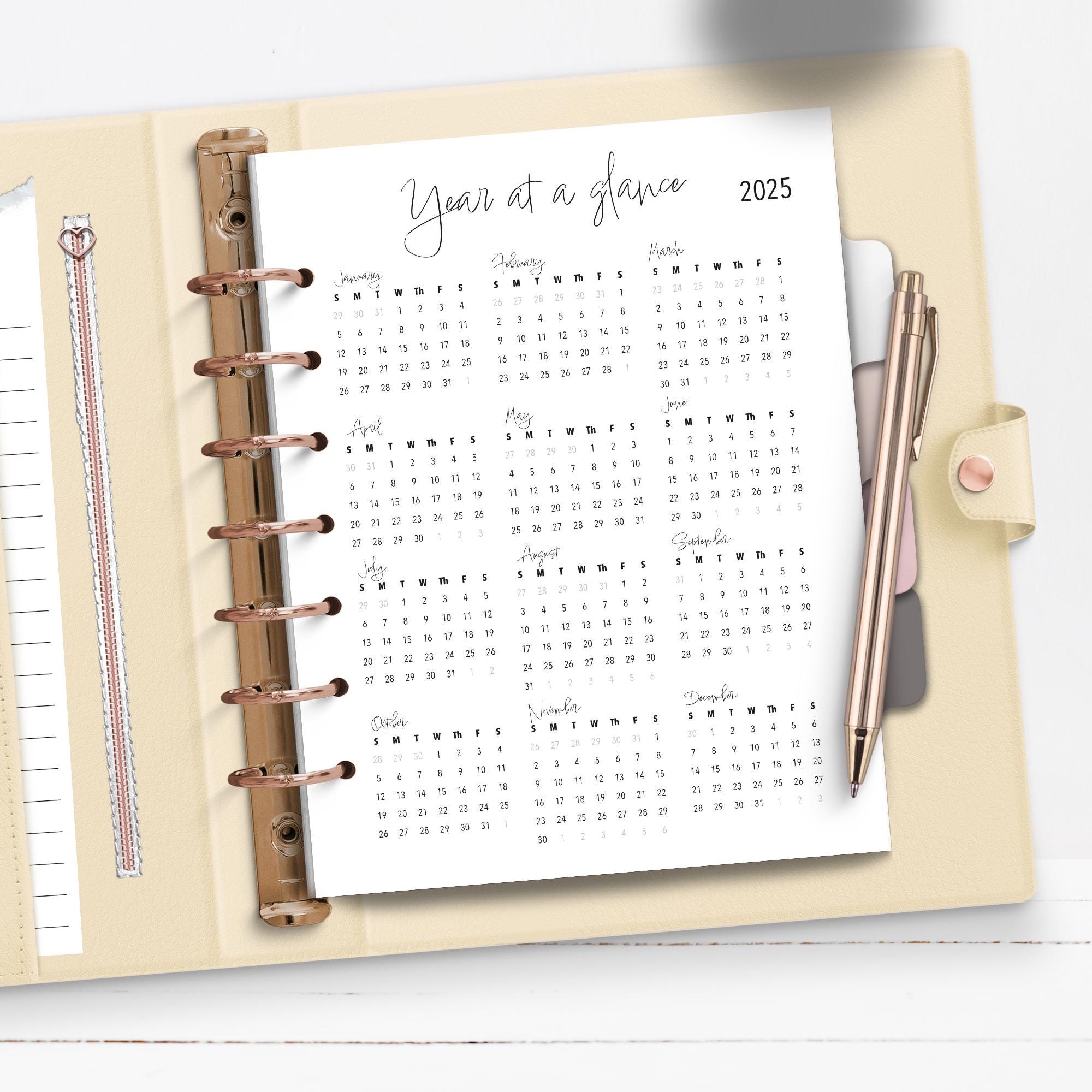 2025 Printable Year at a Glance | 12 Month Yearly Calendar | Year at a ...