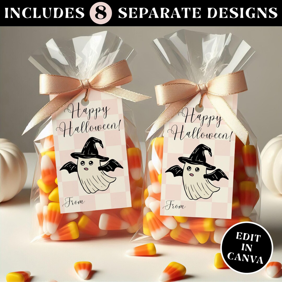 Halloween Pink Gift Tags Printable | Treat Bag Tags | Editable Canva ...