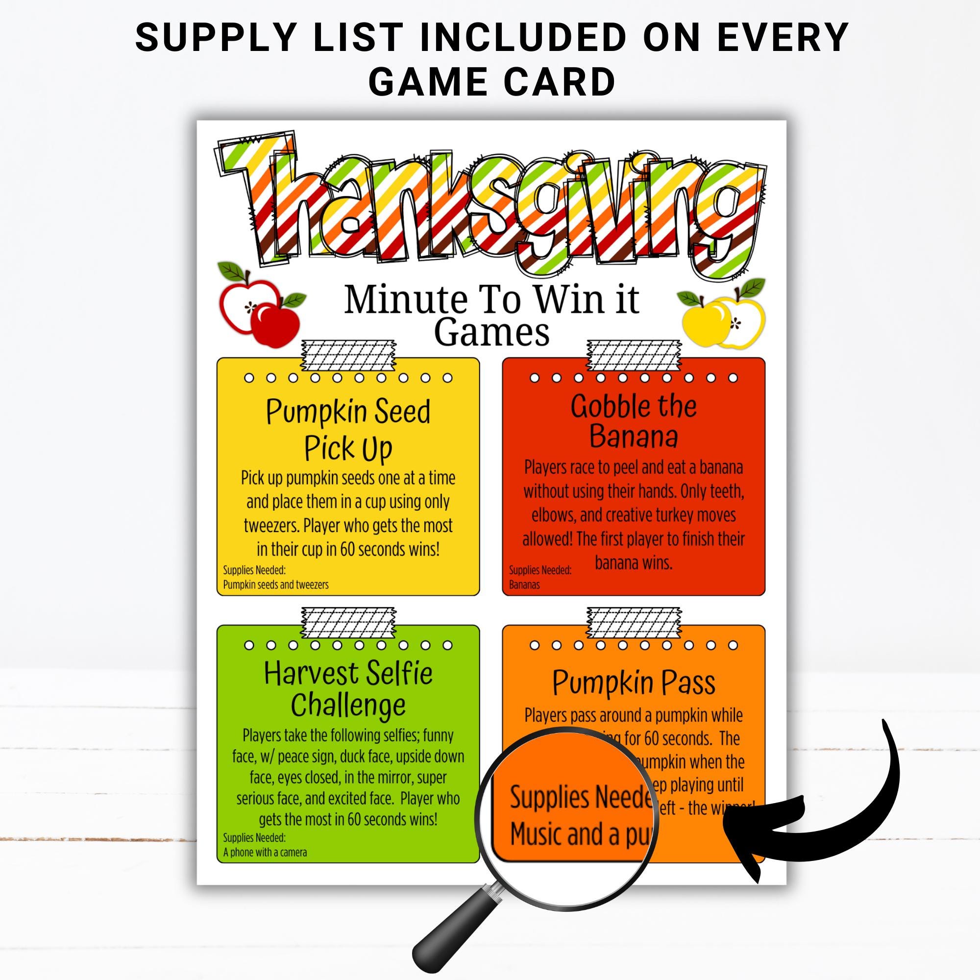 Fall Thanksgiving Minute to Win It Games | Printable 60 Second ...