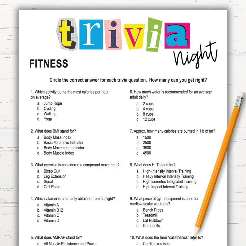 Printable Fitness Trivia Game | Pub Trivia Game Night | Team Building ...