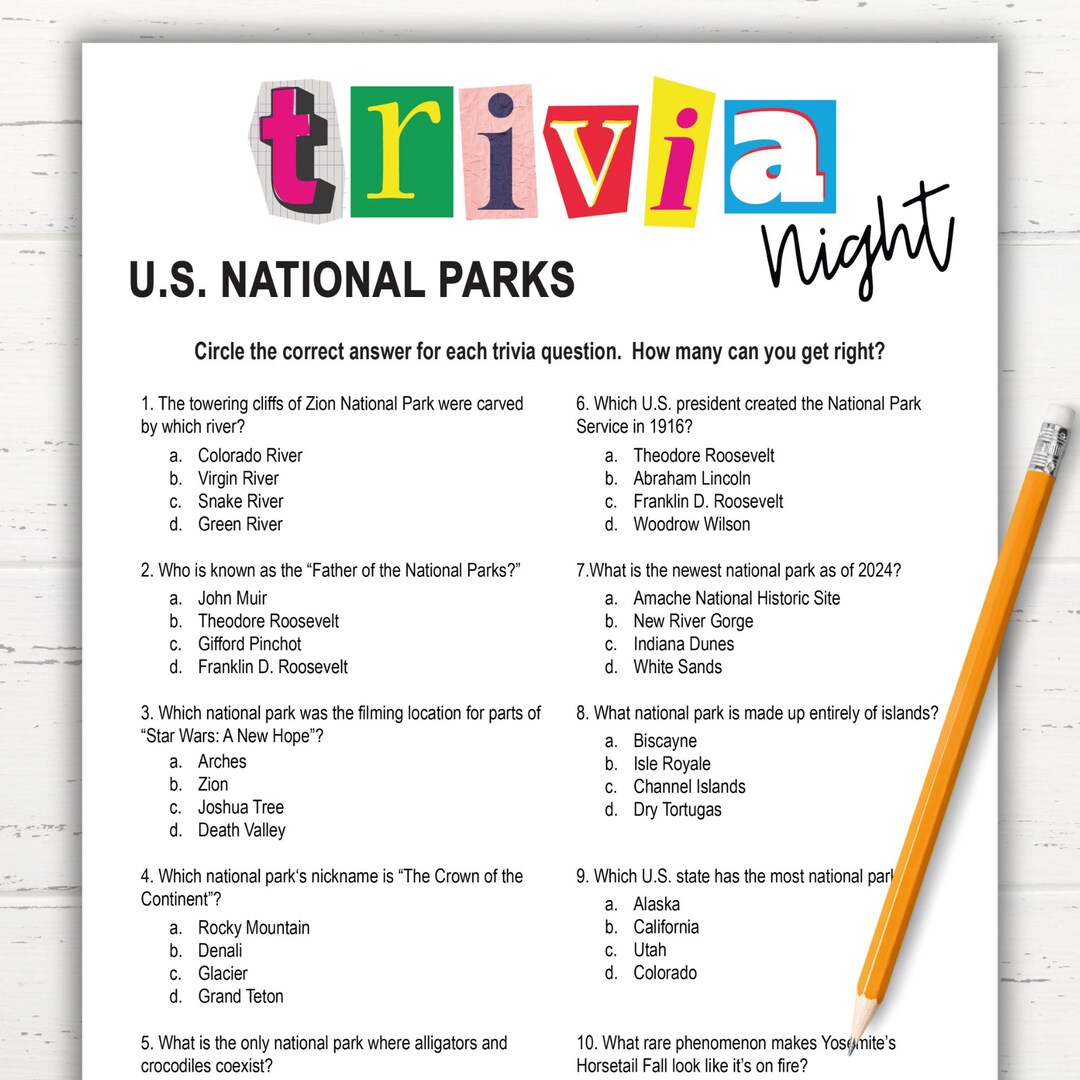 Printable US National Park Trivia Game | Pub Trivia Game Night | Team ...