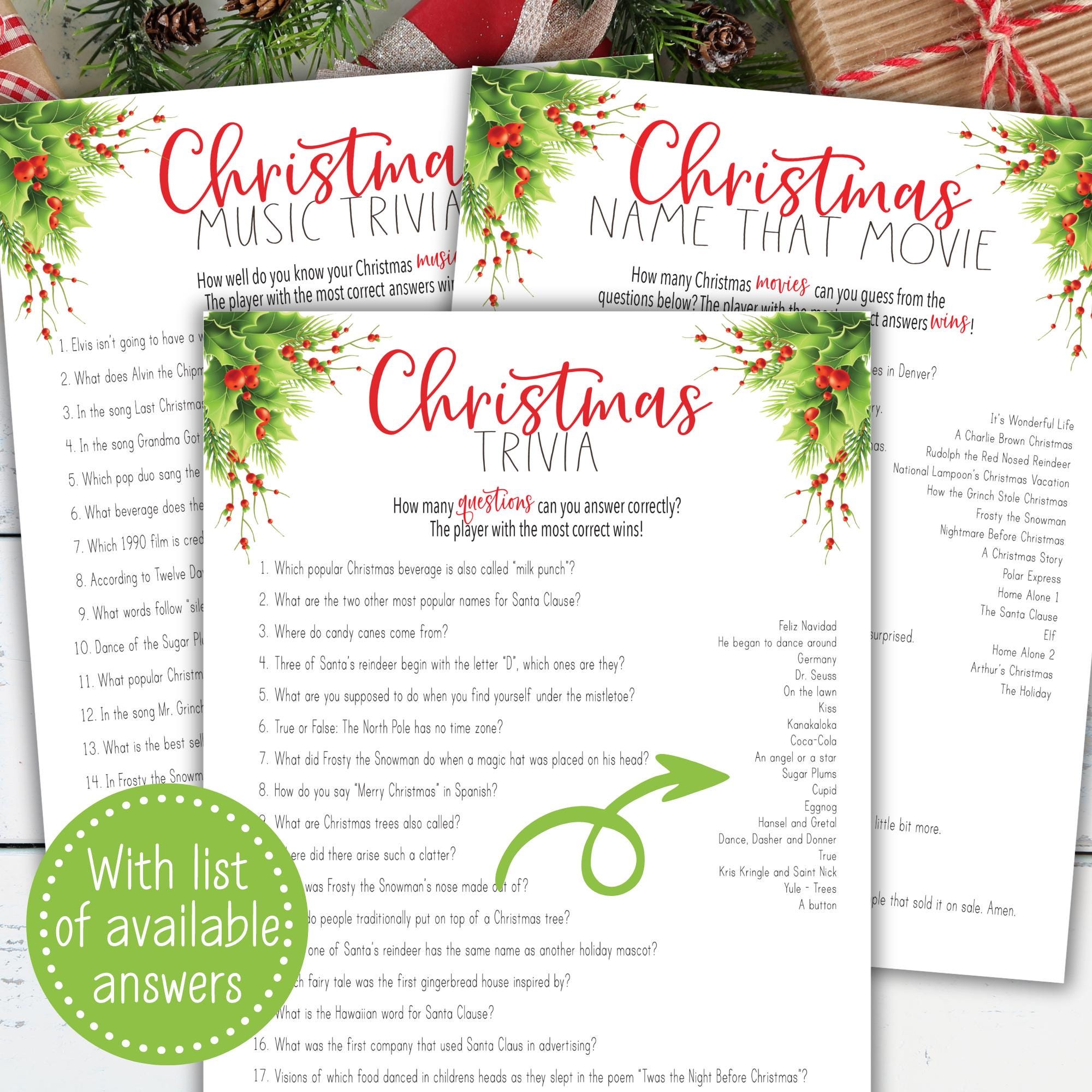 Christmas Printable Games, Christmas Trivia Game, Christmas Song Trivia ...