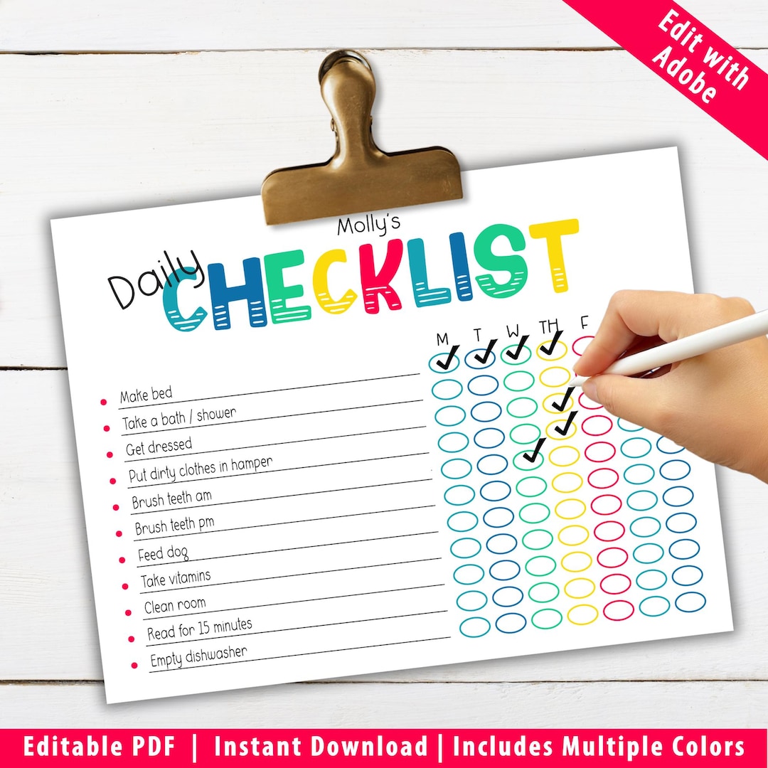 Printable Editable Kids Daily Checklist Bold Colors | Kids Chore Chart ...