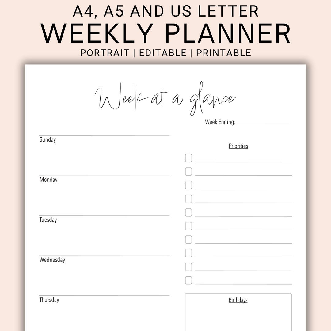 Printable Editable Weekly Planner | A4, A5 and US Letter Weekly Planner ...