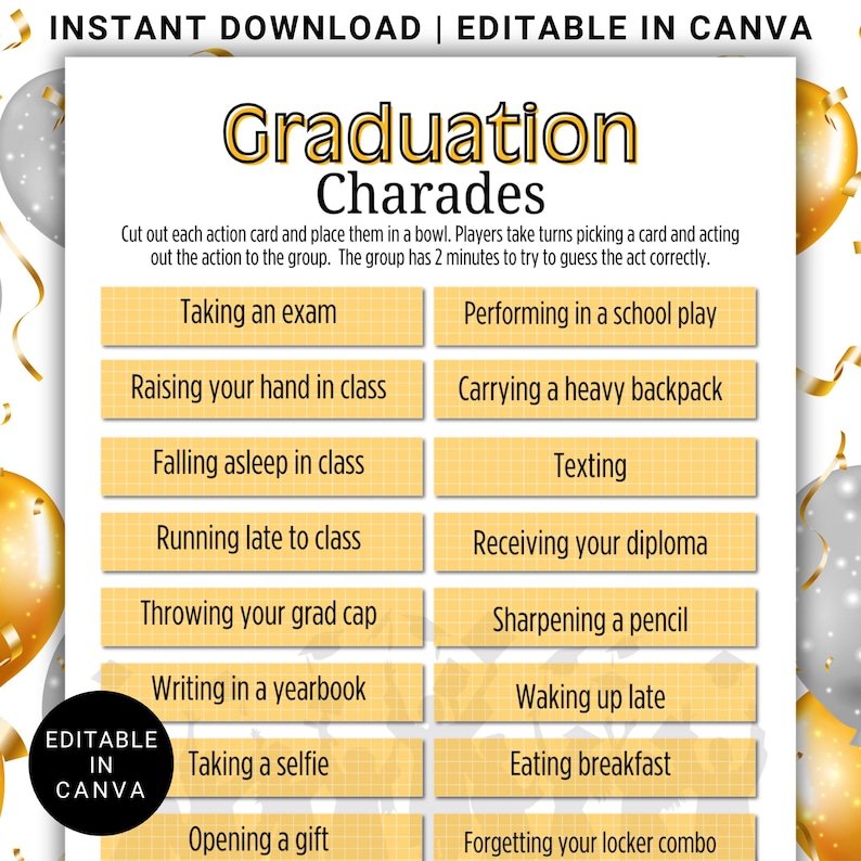 Editable Graduation Charades Game Printable Grad Party Activity Fun ...