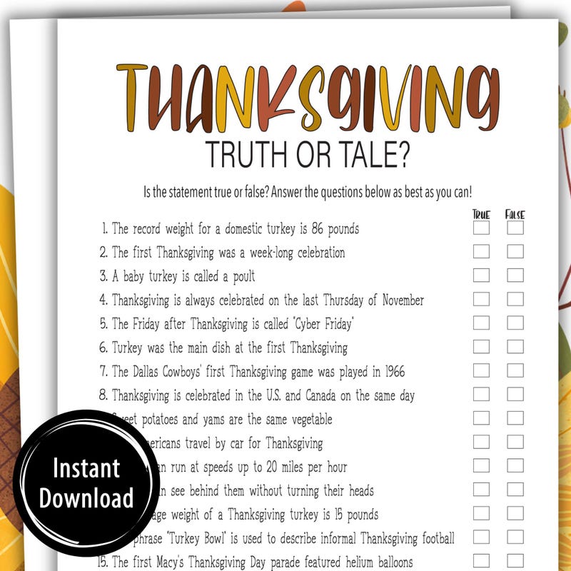 Thanksgiving True or False - Etsy