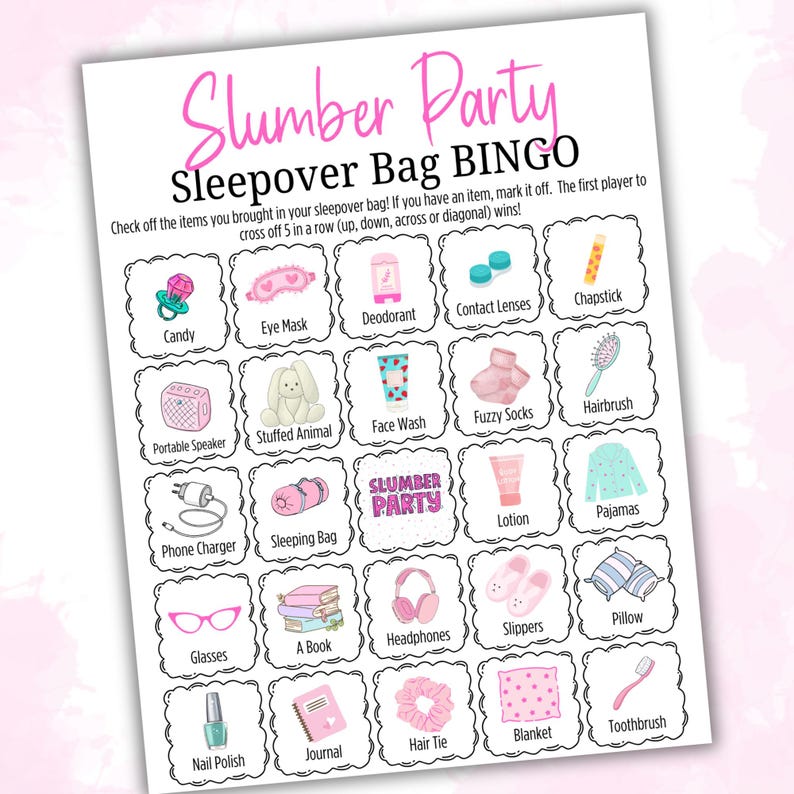 Fun Printable Slumber Party Overnight Bag Bingo Game | Girl Teen or ...