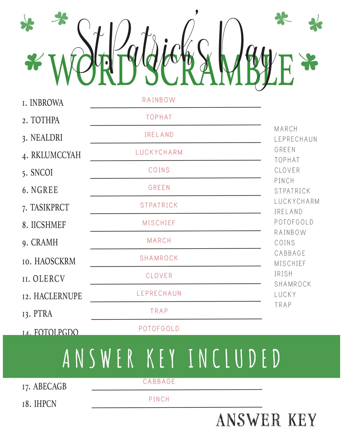 St Patricks Day Word Scramble St Patricks Day Printable Games Printable ...