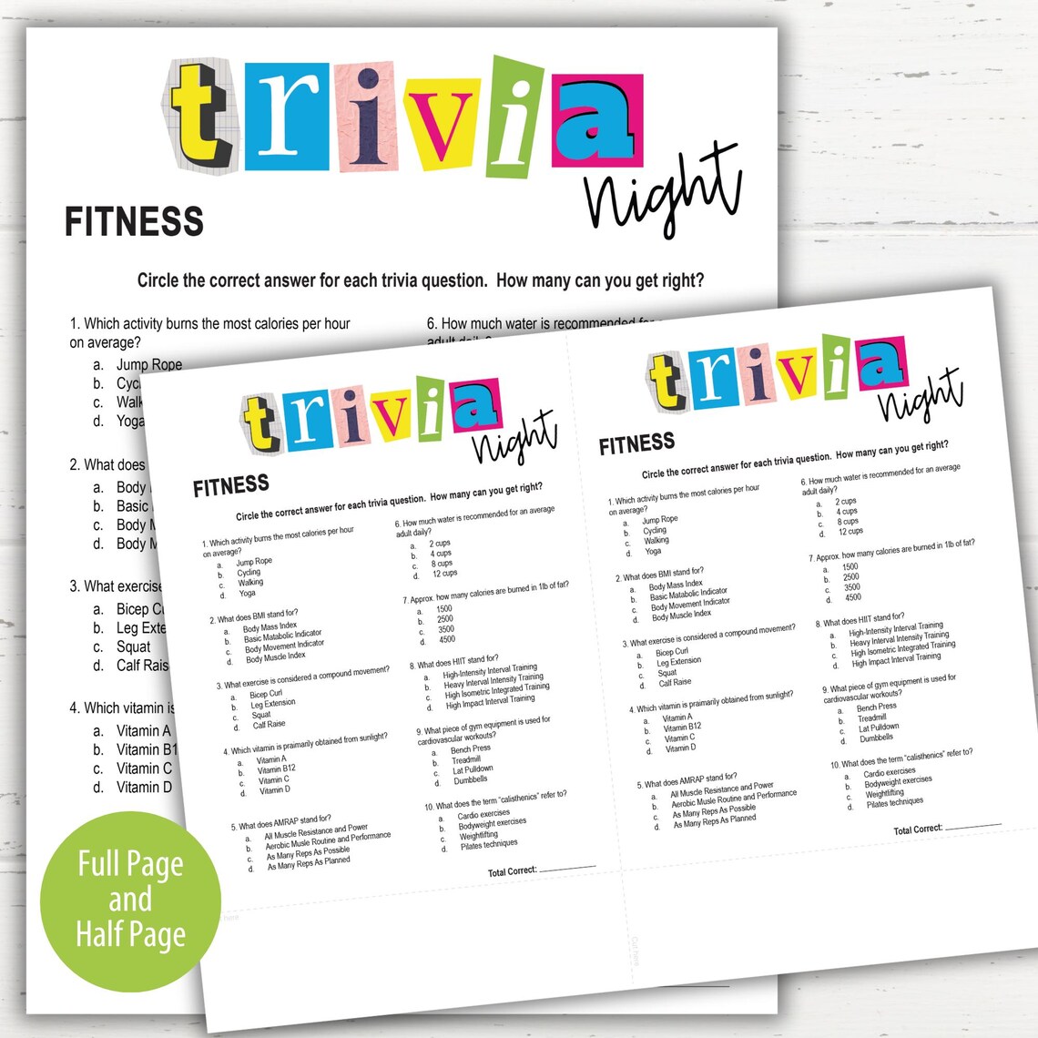 Printable Fitness Trivia Game | Pub Trivia Game Night | Team Building ...
