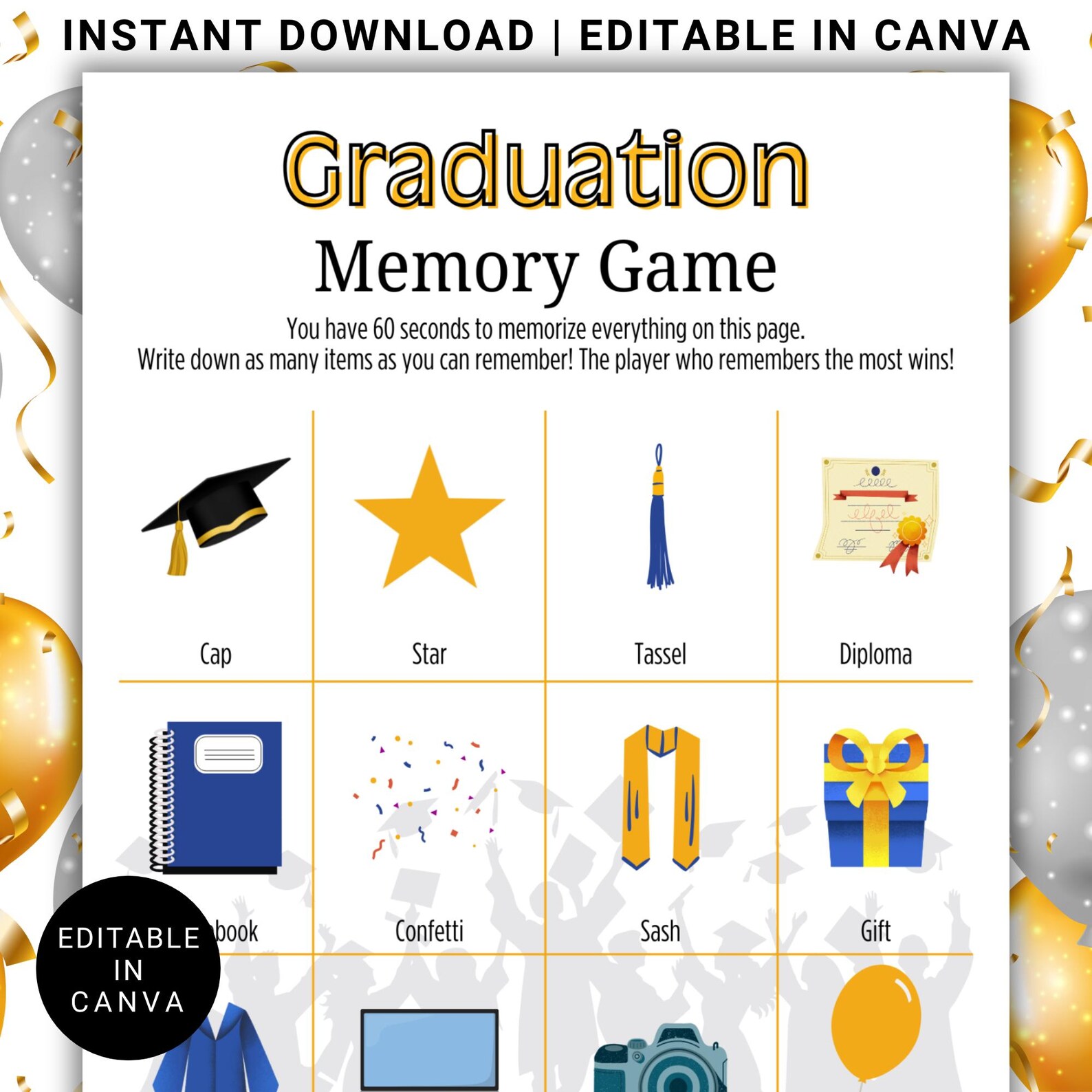 Editable in Canva Graduation Memory Game Printable Grad Party Activity ...