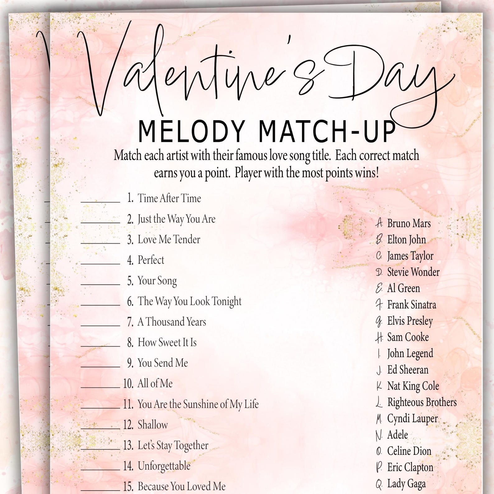 Valentines Printable Match the Love Song With the Artist Game ...