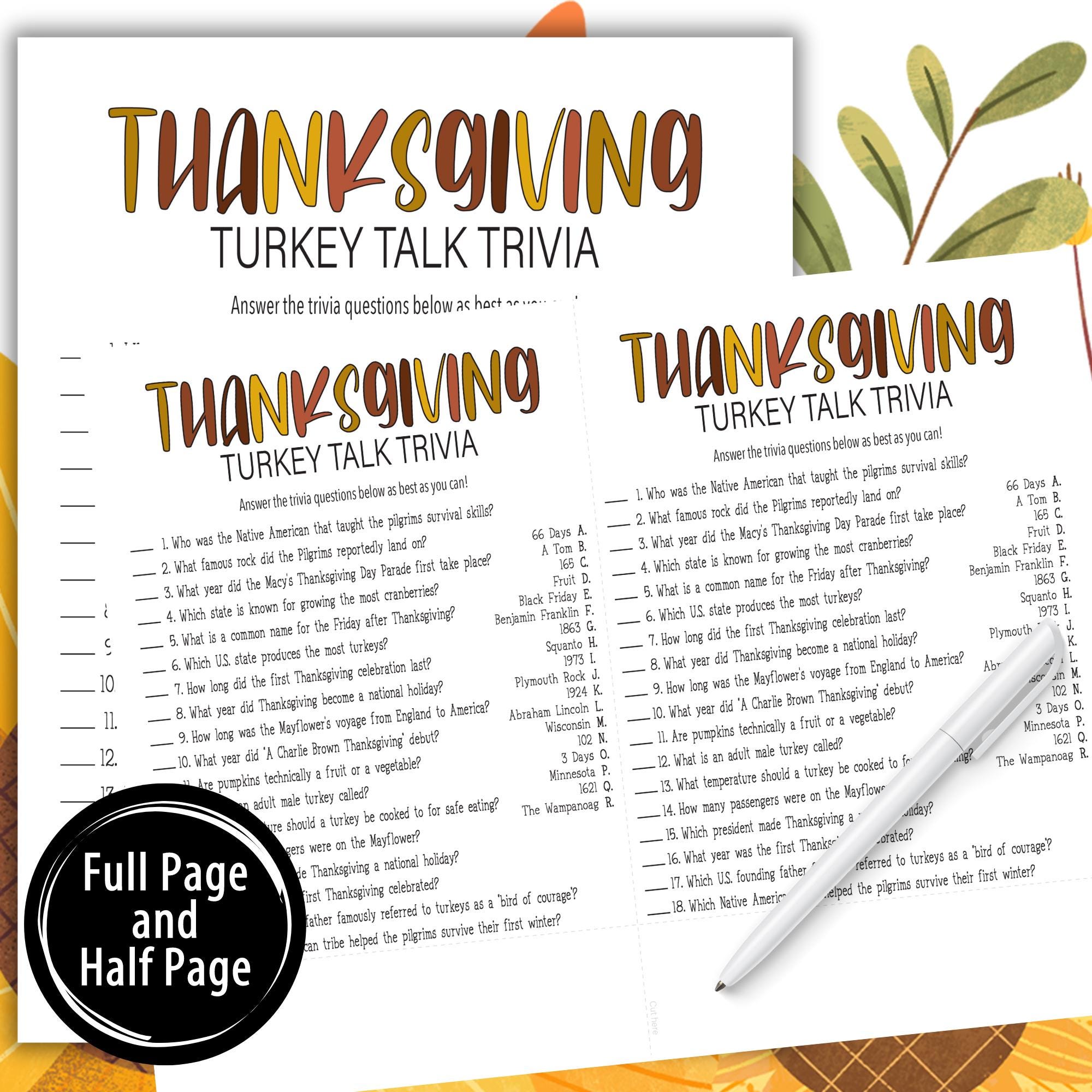 Thanksgiving Printable Trivia Game | Thanksgiving Game Night ...