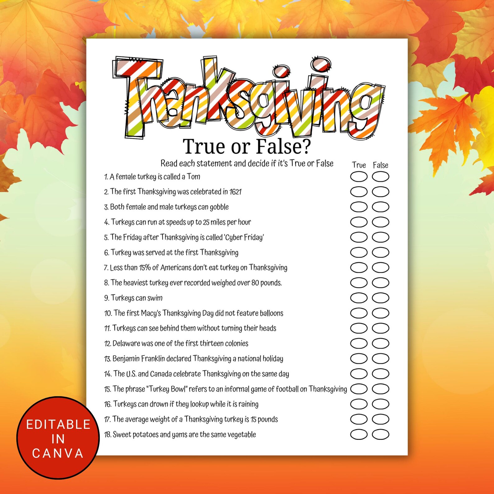 Printable and Editable Thanksgiving True or False Questions ...