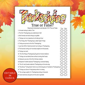 Printable and Editable Thanksgiving True or False Questions ...