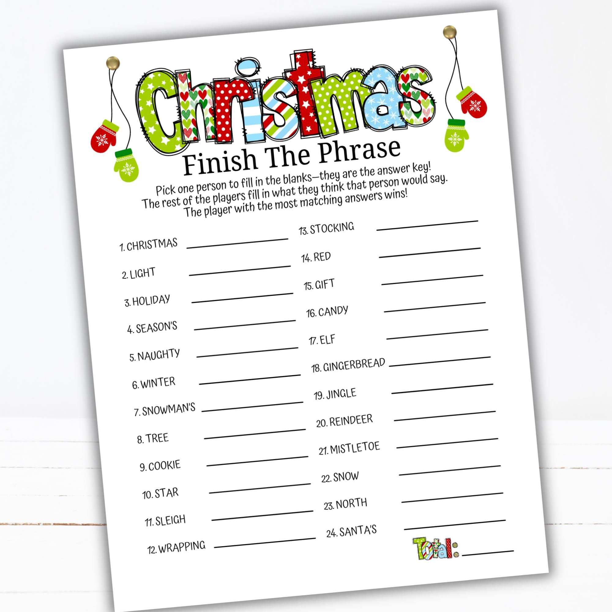 Finish the Phrase Christmas Game Printable | Editable Holiday Party ...