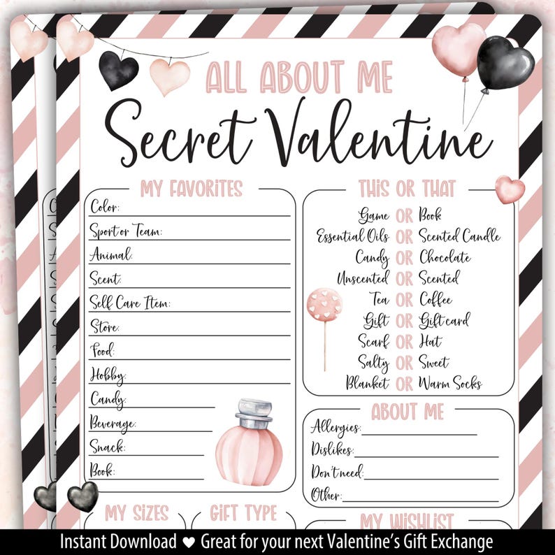 Secret Valentine Questionnaire Form | Secret Valentine Gift Exchange ...