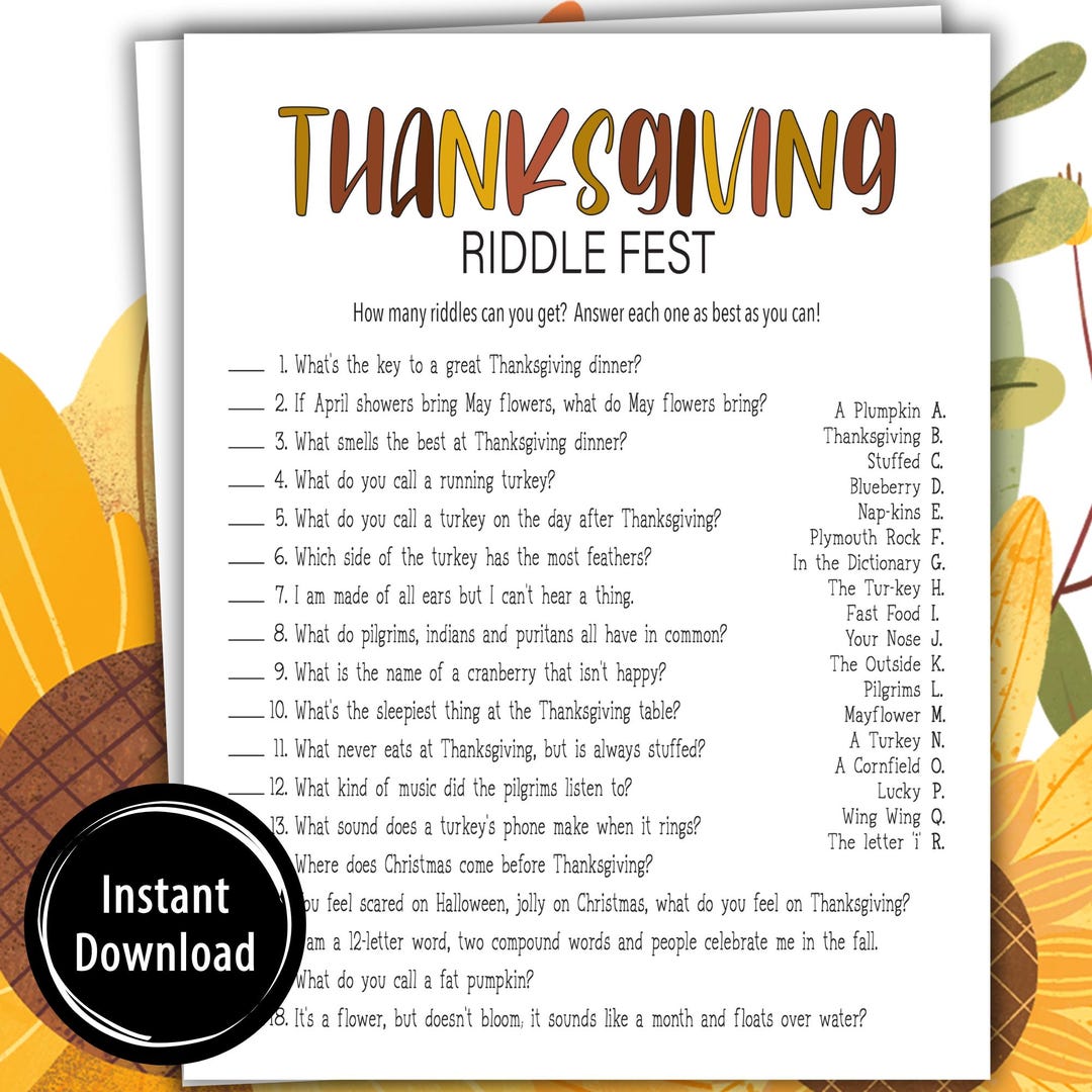 Thanksgiving Riddles Printable Game Thanksgiving Gathering Game Night ...
