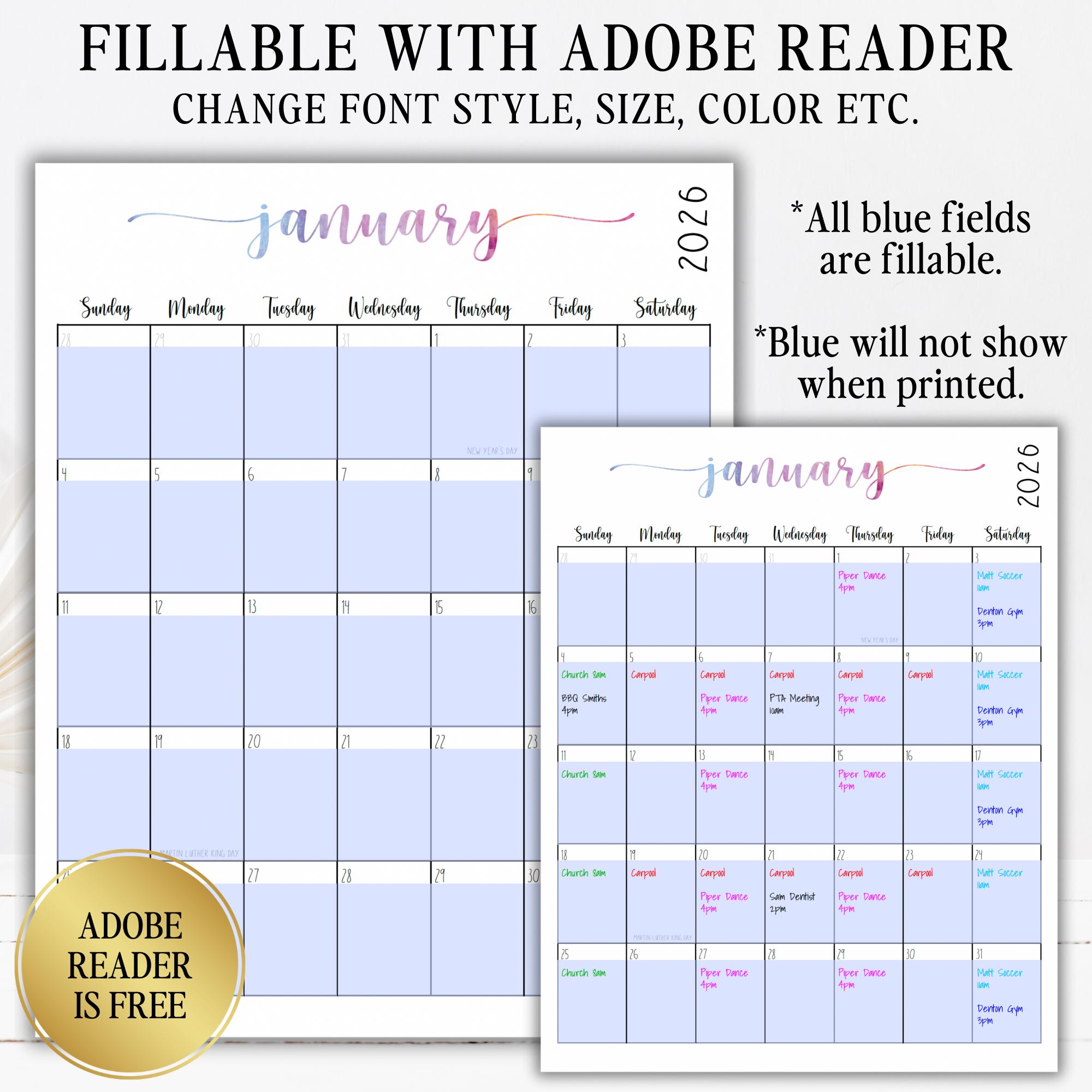 Printable Editable 2026 Calendar | Portrait US Letter 2026 Calendar ...