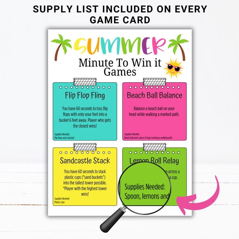 Printable Summer Minute to Win It Games | Summer Party 60 Second Games ...