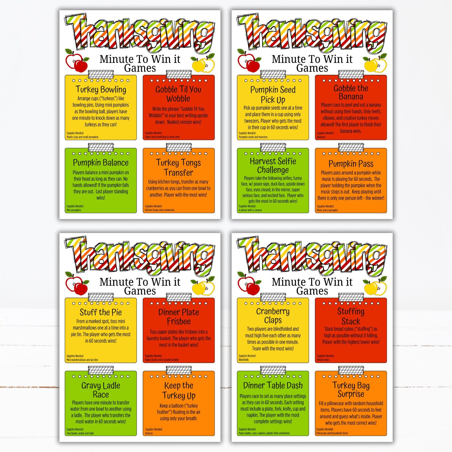 Fall Thanksgiving Minute to Win It Games | Printable 60 Second ...