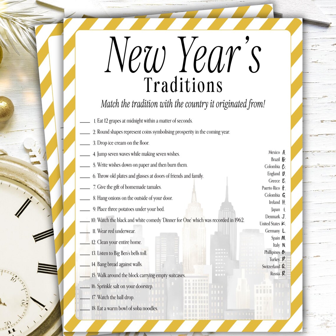 New Years Traditions Printable Game | New Years Around the Country for ...