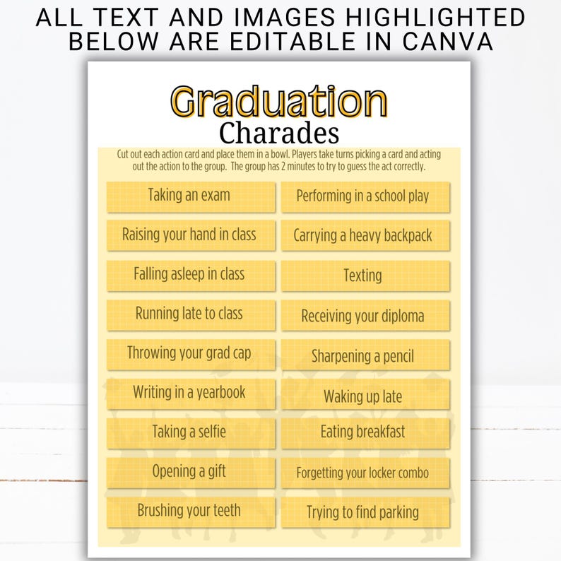 Editable Graduation Charades Game Printable Grad Party Activity Fun ...