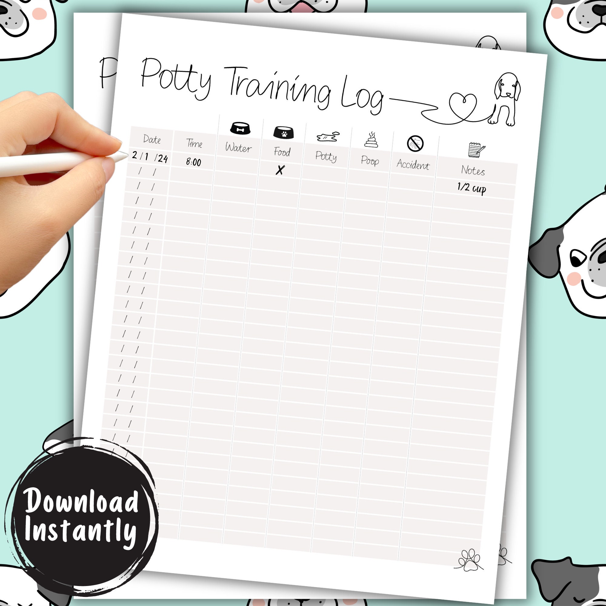 Puppy Potty Training Log | Printable Dog Log | Puppy Training Printable ...