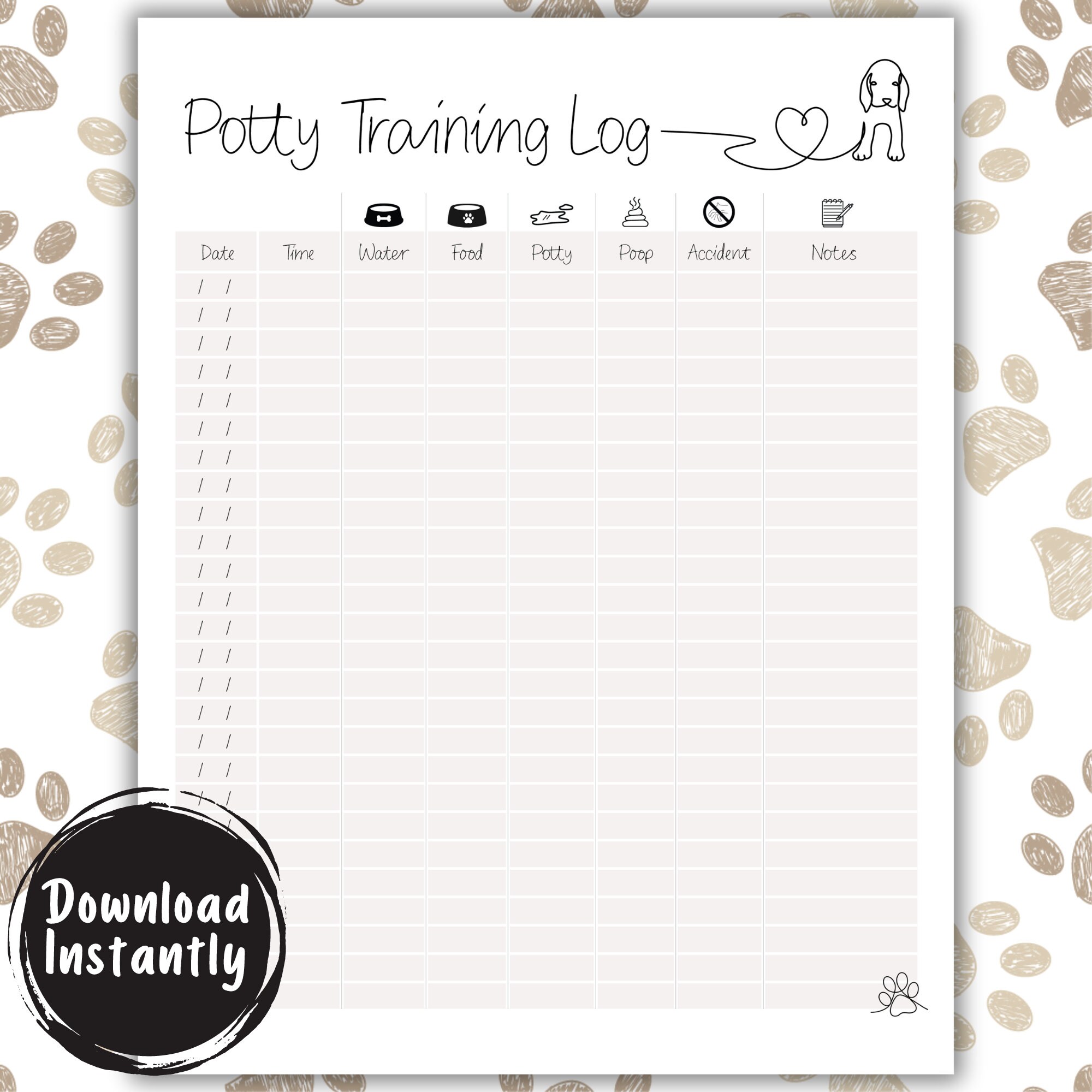 Puppy Potty Training Log | Printable Dog Log | Puppy Training Printable ...