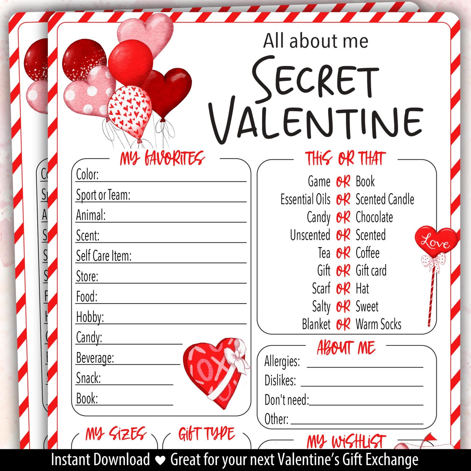 Red Secret Valentine Questionnaire Form | Secret Valentine Gift ...