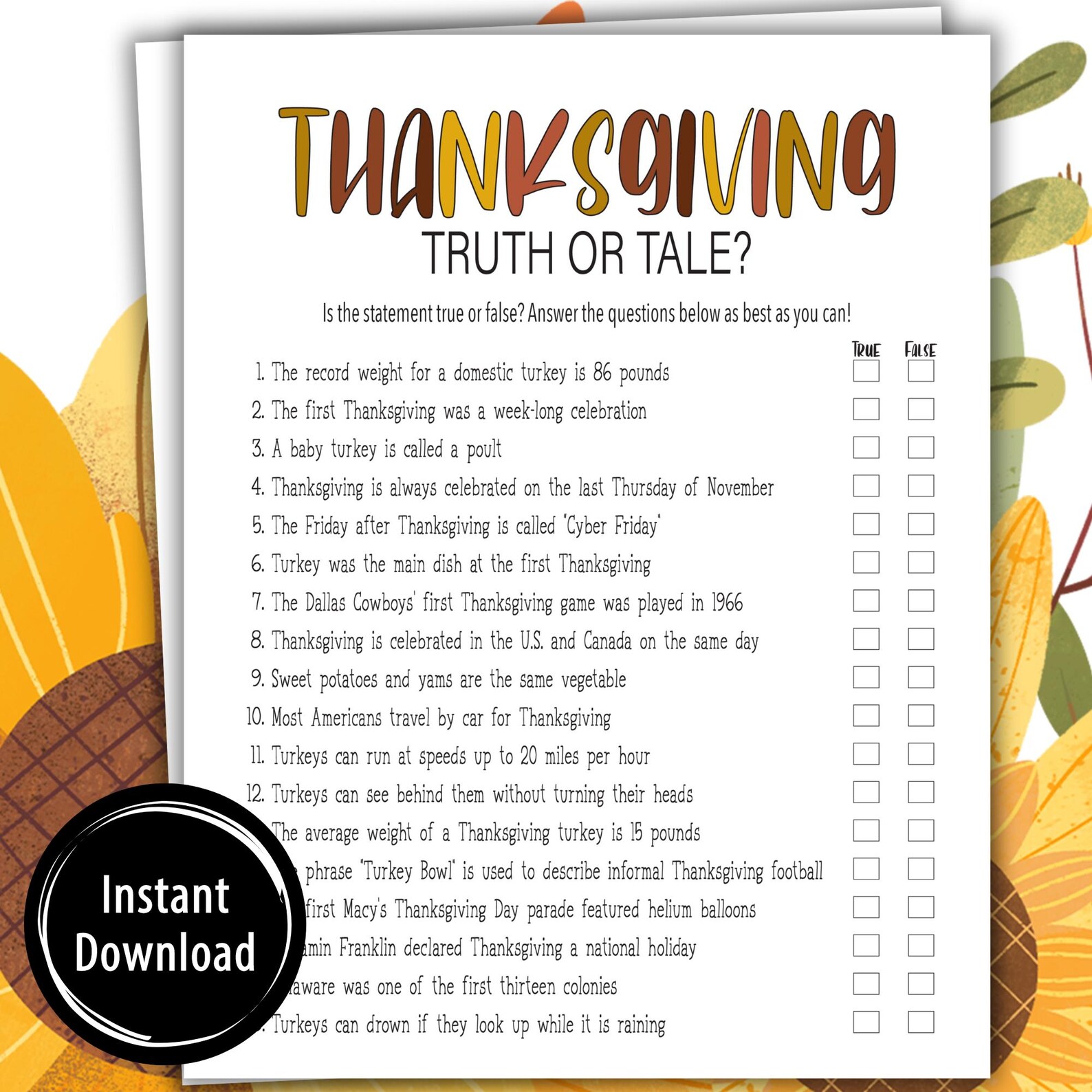 Thanksgiving True or False Questions | Thanksgiving Game Night ...