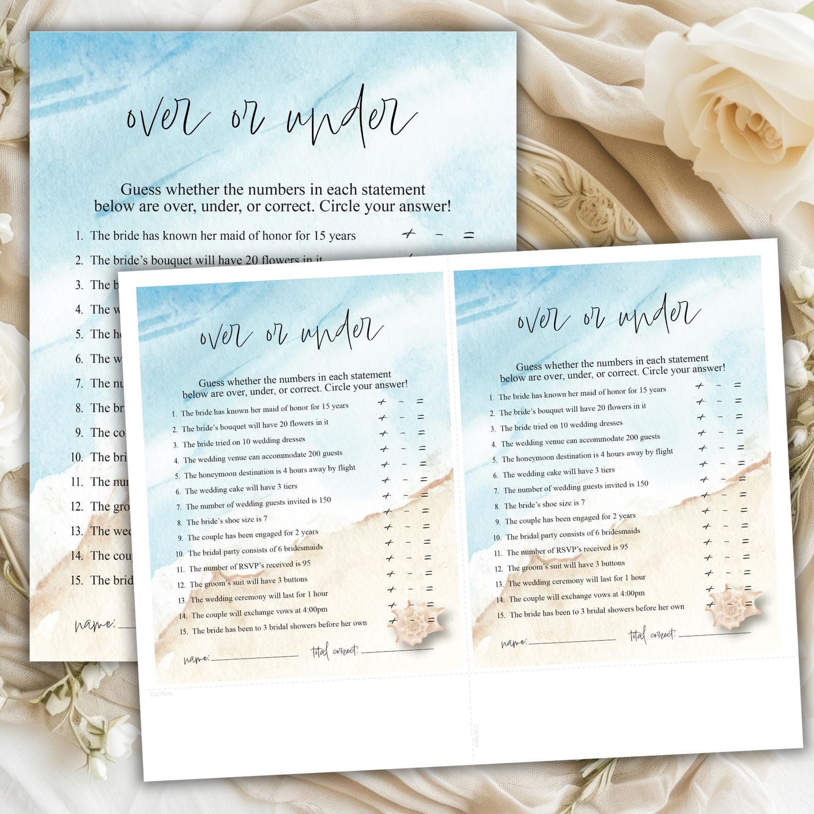 Printable Over Under Game for Bridal Shower Wedding Shower Fun Guessing ...