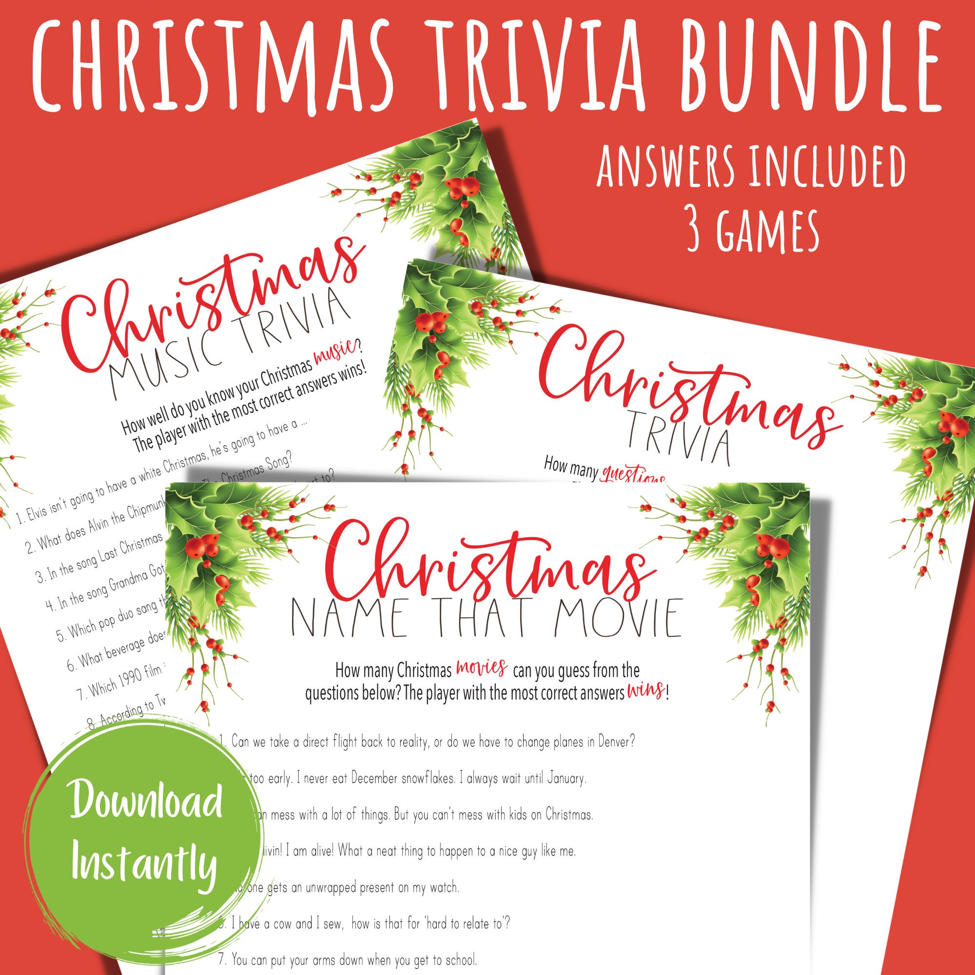 Christmas Printable Games, Christmas Trivia Game, Christmas Song Trivia ...