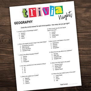 Printable Geography Trivia Game | Pub Trivia Game Night | Team Building ...