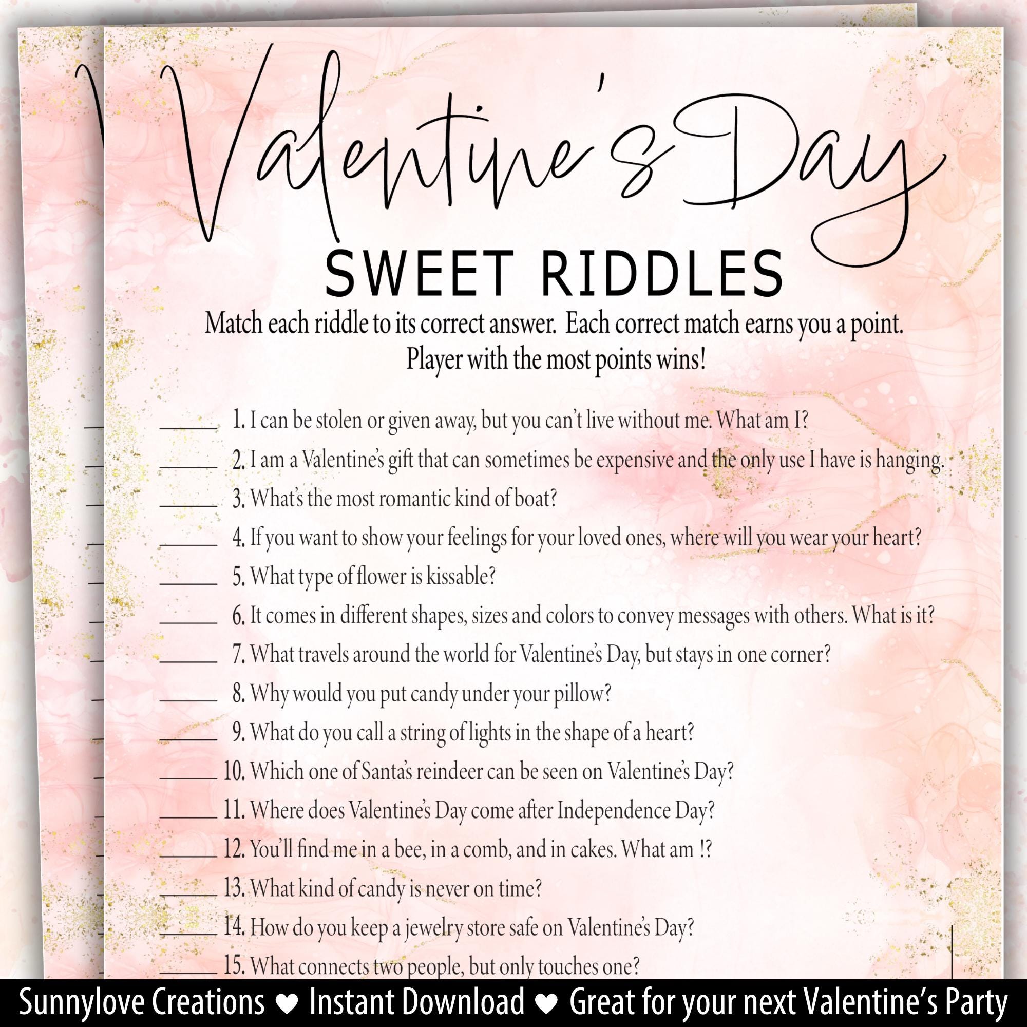 Fun Printable Valentines Riddles | Valentines Party Instant Download ...