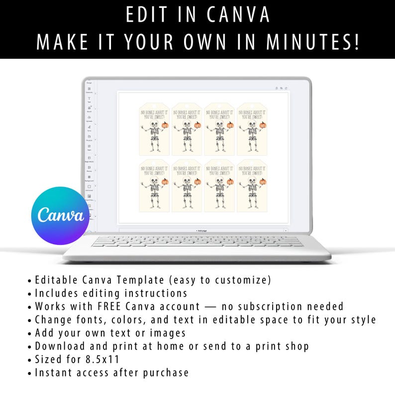 Halloween Skeleton Gift Tags Printable | Treat Bag Tags | Editable ...