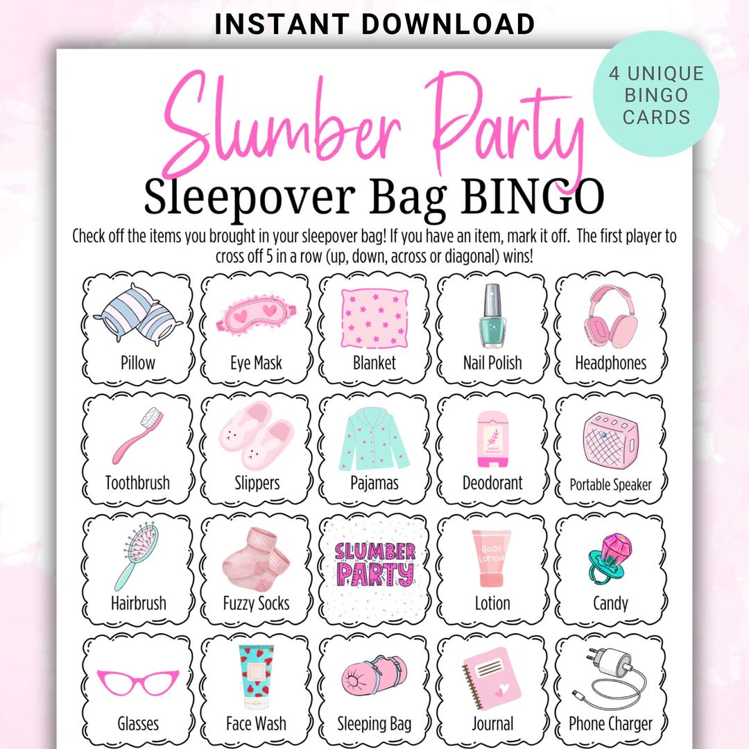 Fun Printable Slumber Party Overnight Bag Bingo Game | Girl Teen or ...