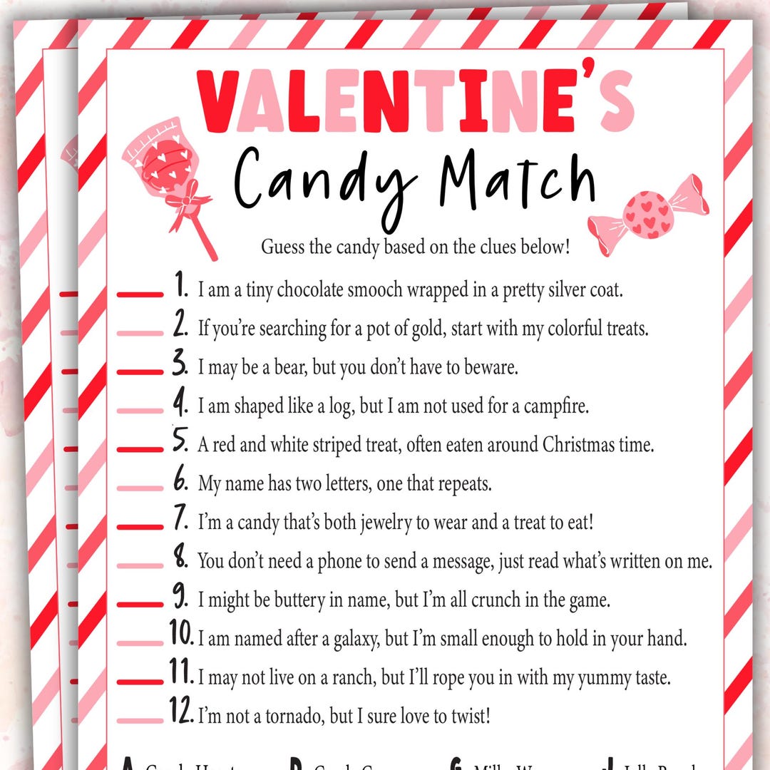 Fun Printable Valentine Candy Match Game With Candy Clues | Valentine ...