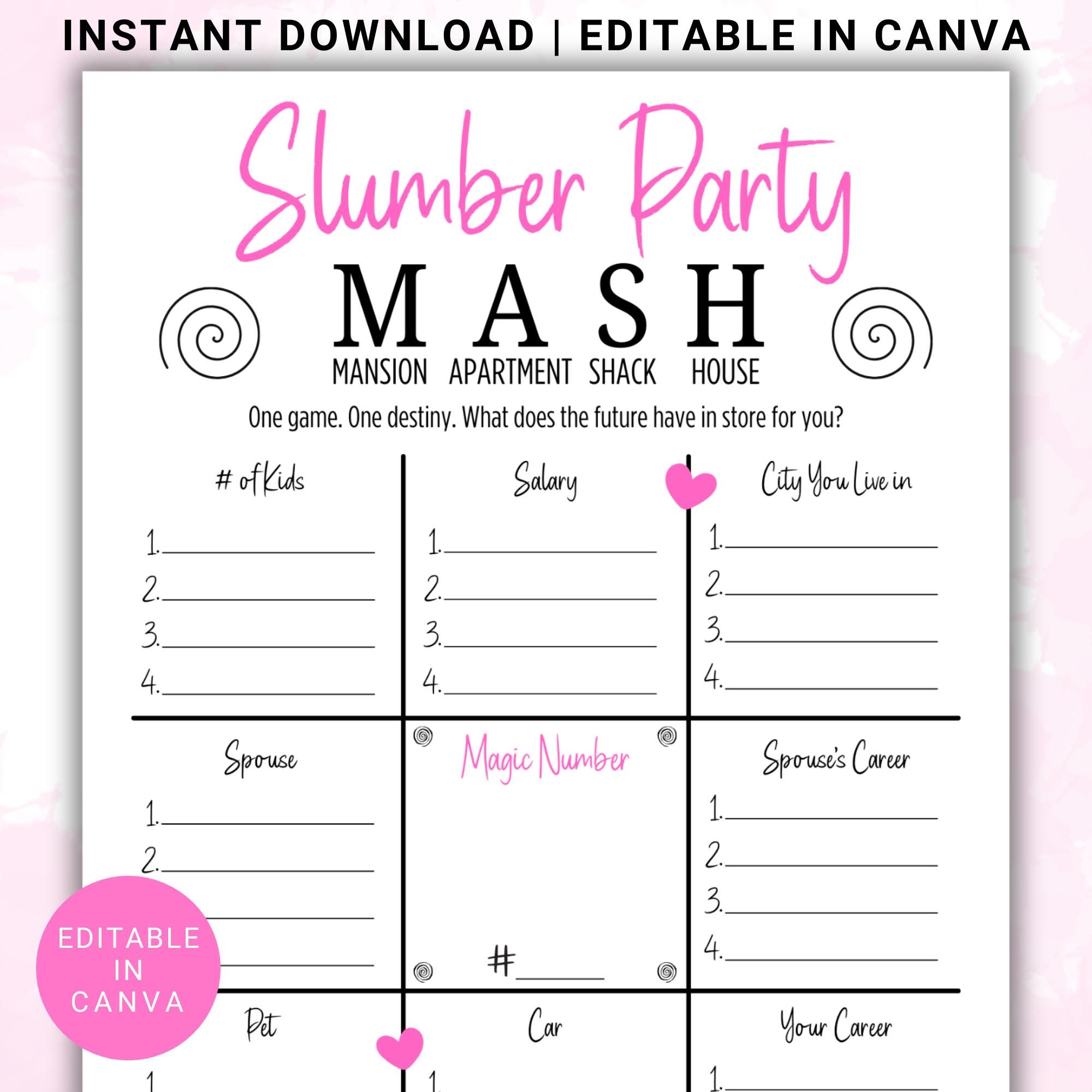 Fun Printable Editable Slumber Party MASH Game | Girl Teen or Tween ...