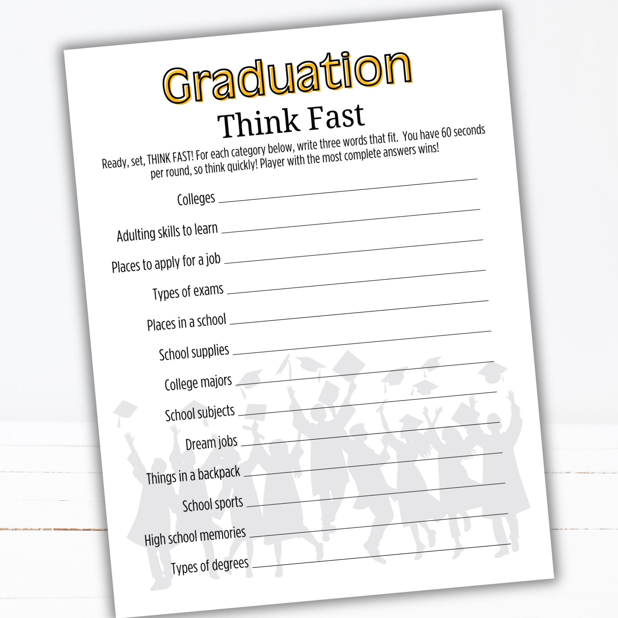 Editable Graduation Think Fast Game Printable Grad Party Activity Fun ...