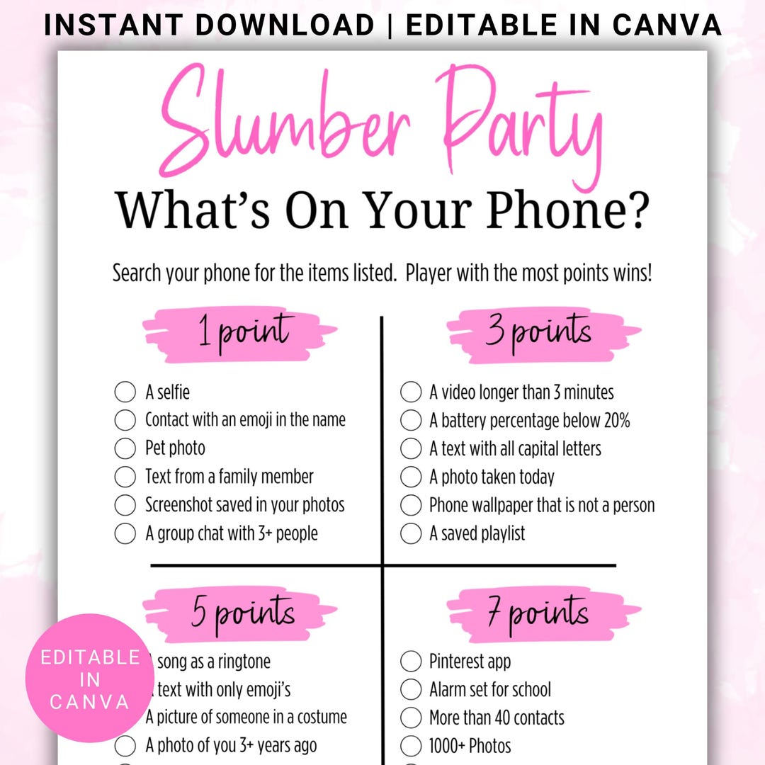 Fun Printable Editable Slumber Party What's on Your Phone Game | Girl ...