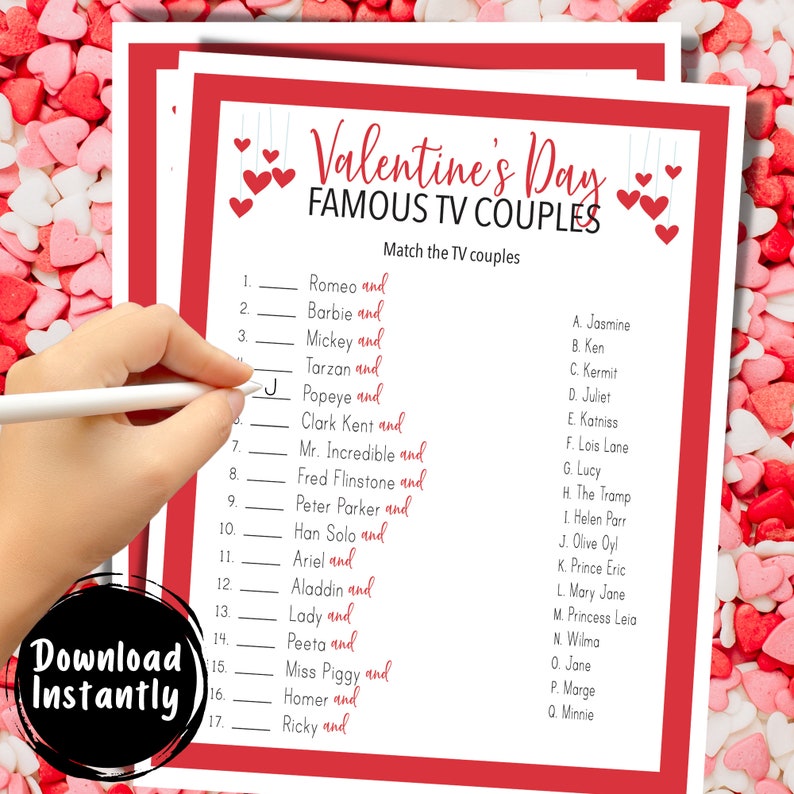 Valentines Famous TV Couples Matching Game | Valentines Party Games ...