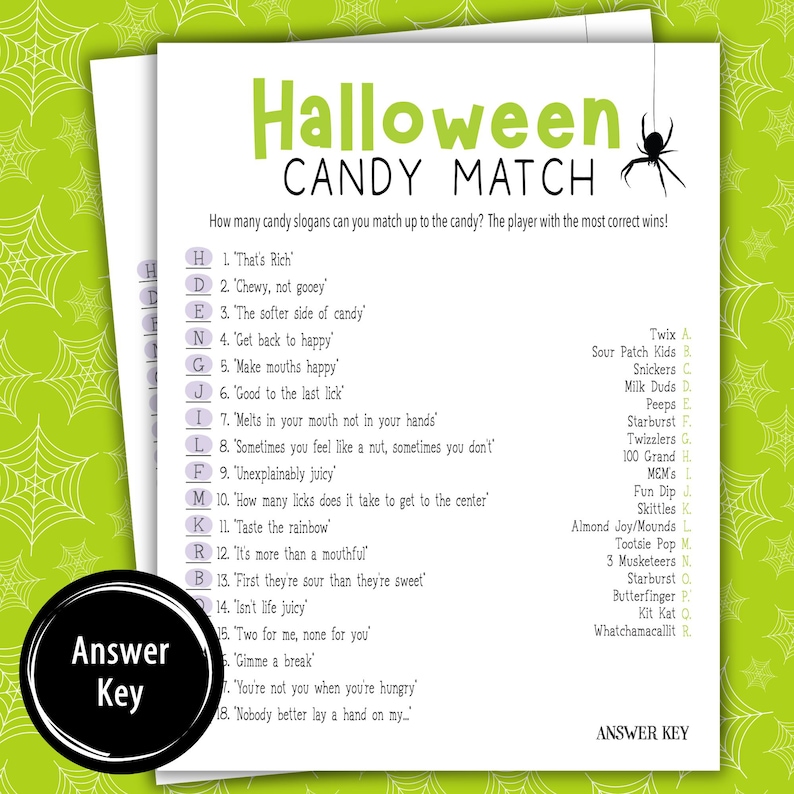 Halloween Candy Match Game | PDF Halloween Party Game | Candy Slogans ...