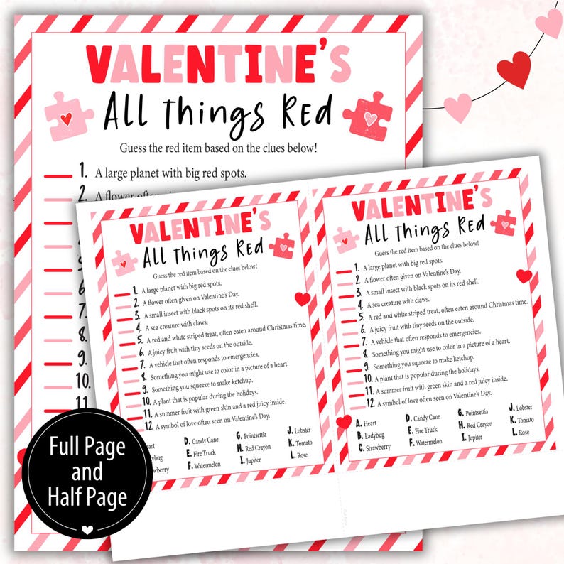 Fun Printable Valentines All Things Red Game for Kids | Instant ...