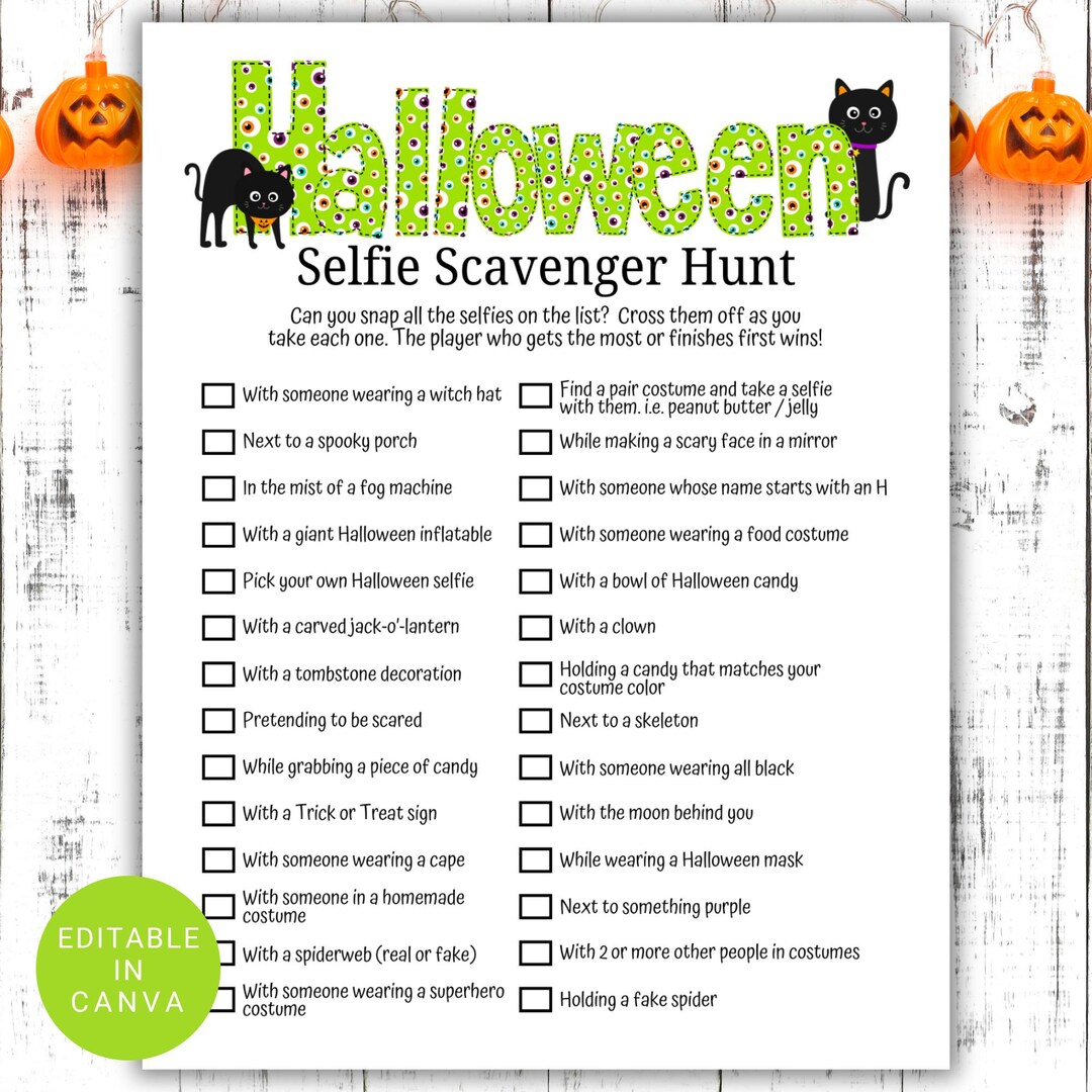 Printable and Editable Halloween Selfie Scavenger Hunt Game | Halloween ...