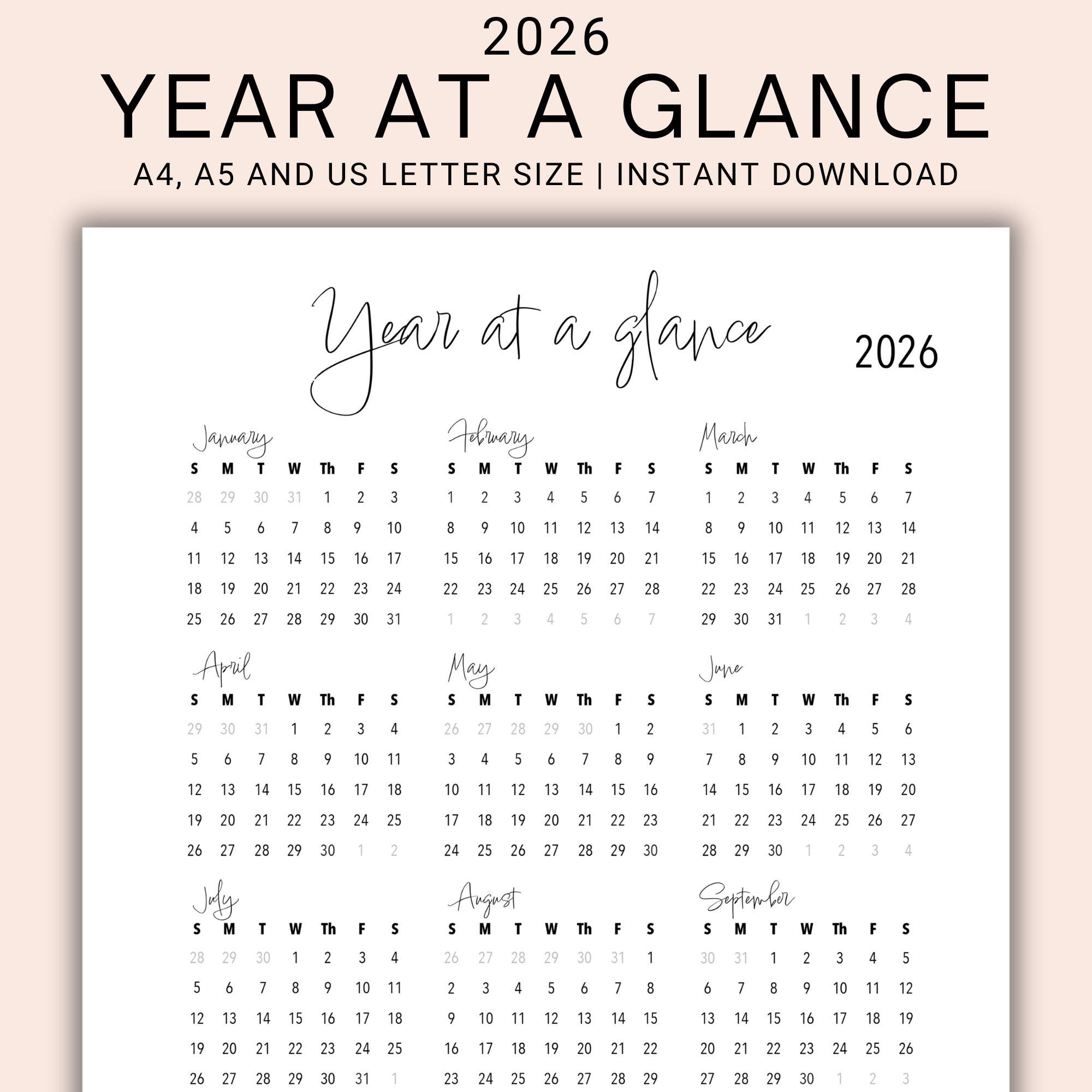 Minimal 2026 Year at a Glance Calendar Printable | One Page Year at a ...
