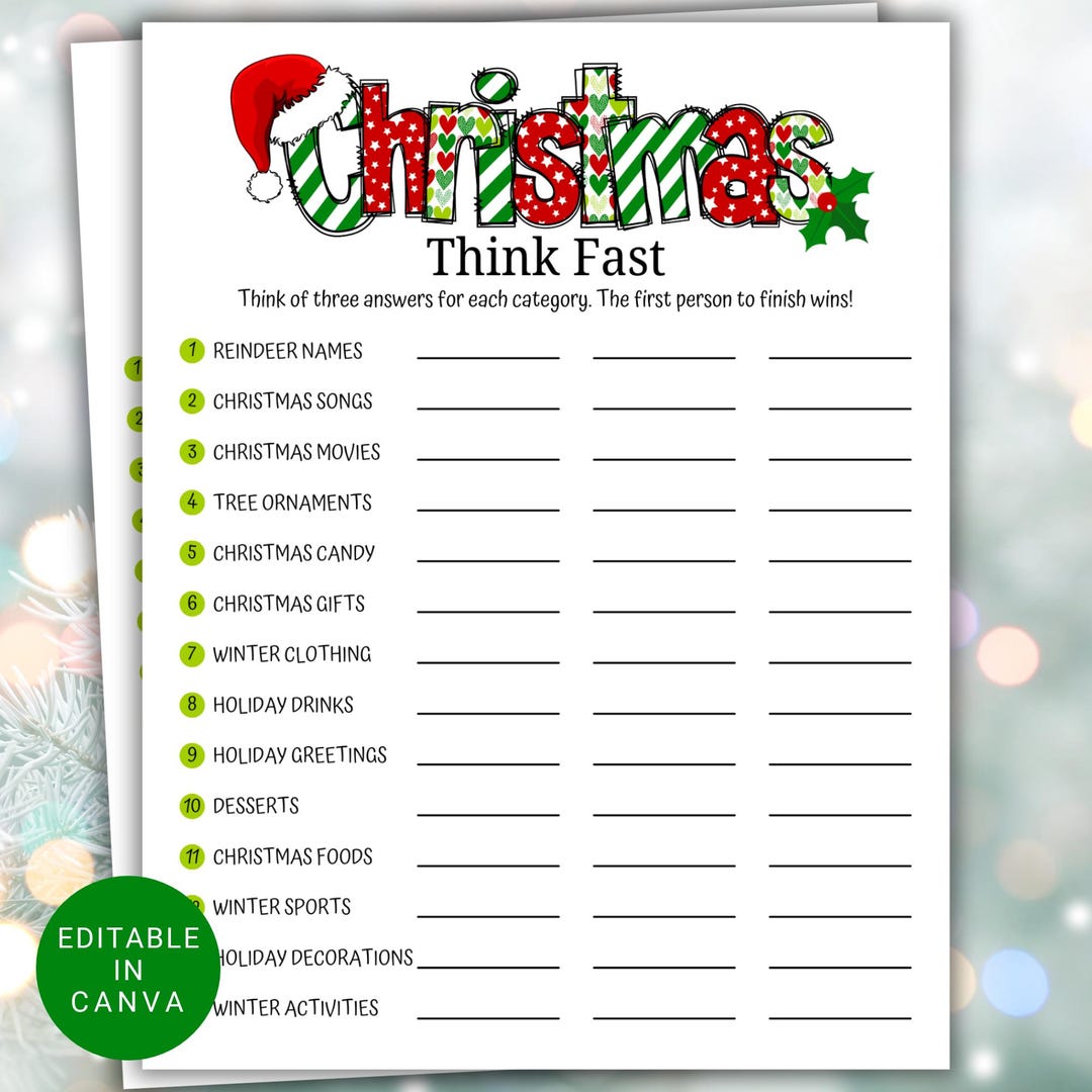 Christmas Think Fast Printable Game | Editable Holiday Party Game for ...